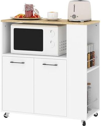 HOMCOM Desserte de Cuisine à roulettes avec Plan de Travail, Îlot Central Cuisine avec 2 Portes, Compartiment Ouvert, étagère réglable et Porte-épices, pour 