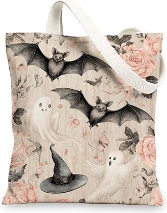 Generic Sacs fourre-tout en toile pour Halloween, motif chauve-souris effrayant et fantôme, sacs à provisions réutilisables, motif floral vintage, légers, lav