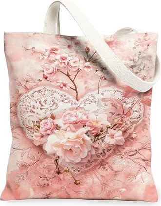 Generic Sacs fourre-tout en toile motif floral coeur, sacs &agrave; provisions r&eacute;utilisables, l&eacute;gers et lavables avec bandouli&egrave;re, p&ecirc;che, 13x15 Inch