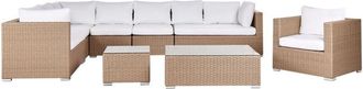 Beliani Gartenm&ouml;bel Set Sandbeige Rattan u. Aluminium Modular mit 2 Couchtischen Mehrere Kissen Cremewei&szlig; 8-Sitzer Lounge Set Terrasse Outdoor Modern