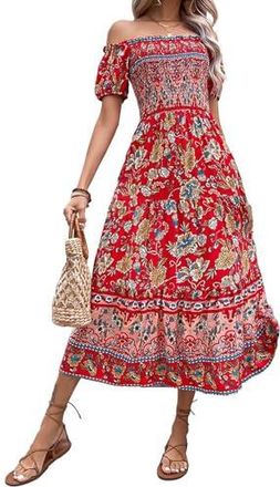 Generic Robe boh&egrave;me 2026 pour femme, &eacute;paules d&eacute;nud&eacute;es, robe d&eacute;t&eacute; florale 2025 d&eacute;contract&eacute;e, robe de plage &agrave; volants, mi-longue, Rouge, XL