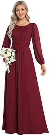 Ever-pretty Robe Demoiselle dhonneur Femme Longue Manches Longues Col Rond Mousseline Chic Bordeaux 36