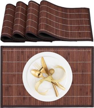 Relaxdays Tischset, 4er Set, Bambus, Stoff, rutschhemmend, 45x30 cm, Teller, Esstisch, eckiges Platzset, braun/schwarz