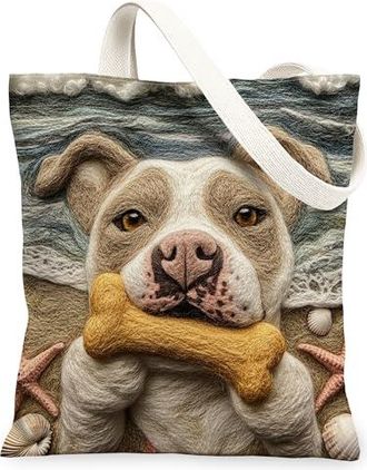 Generic Sac fourre-tout amusant en toile motif chien Pitbull pour faire du shopping, 33 x 38,1 cm, sac d&eacute;picerie r&eacute;utilisable pour femme, peinture danimaux do