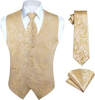 Hisdern Homme Gilet Costume Champagne Paisley Floral Jacquard Gilets Sans Manche Cravate Mouchoir Ensemble Party Wedding 4XL
