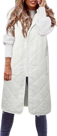 Generico Gilet long rembourré pour femme, doudoune avec capuche, grande taille, manteau long, élégant, décontracté, classique, blanc, XXL