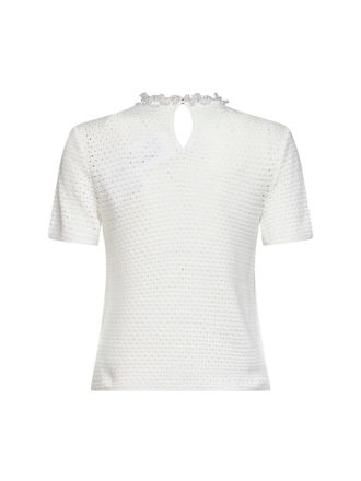 Self Portrait Womens Openwork Knit Top With Beaded Embroidery White Cotton Sweater