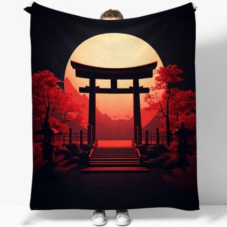 Generic Decke Orientalisch Japanisches Torii-Tor Schwarz Rot, Weiche Flauschig Kuscheldecke als Sofadecke Couchdecke Bettdecke, Warm Flanell Drucken Decke f&uuml;r