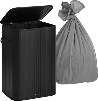 Relaxdays W&auml;schekorb mit Deckel, 2 F&auml;cher, Bambus, 105 l, faltbar, HxBxT: 63 x 52 x 32 cm, W&auml;sche Sortiersystem, schwarz