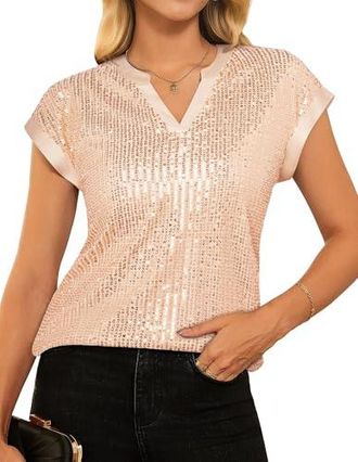 Grace Karin Haut à paillettes pour femme avec col en V et manches courtes, abricot, L