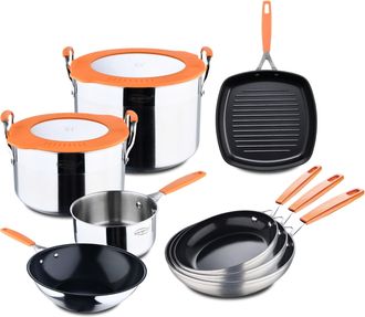 San Ignacio Compact - 10-teiliges Kochgeschirrset - Edelstahl - 10-teiliges Kochgeschirrset - 2 T&ouml;pfe mit Deckel - 1 Stielkasserolle - 1 Br&auml;ter - 1 Wok - 3 Bratpf
