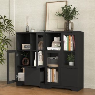 STILVORA Buffet et Enfilade avec 2 Portes en Verre, &Eacute;tag&egrave;res R&eacute;glables et 1 Niche Ouvertes et 1 Tiroir, en MDF, Noir