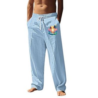 Generic Pantalon surdimensionn&eacute; en coton et lin pour homme, d&eacute;contract&eacute;, tendance, ample, imprim&eacute; noix de coco 3D, pantalon coupe r&eacute;guli&egrave;re, bleu, 3XL