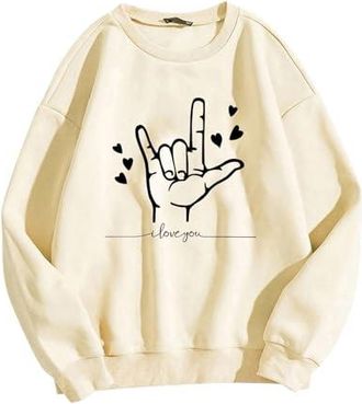 Generic Sweat-shirt &agrave; manches longues et col rond imprim&eacute; coeur I You pour femme, beige, XXL
