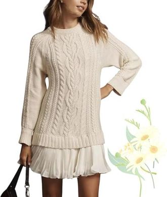 Generic Mini robe pull en tricot torsadé à col rond et manches longues pour femme, beige, S