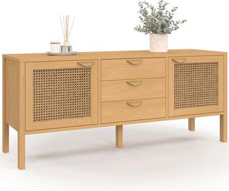 IDMarket Niedriges Sideboard 140 cm EDHEN 2 T&uuml;ren und 3 Schubladen Holz und Rohrgeflecht