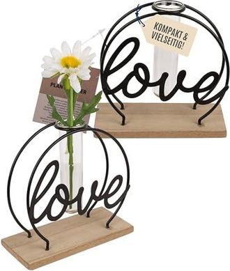 Out of the Blue Metall-Pflanzenhalter auf Holzplatte, Love, mit Reagenzglas ca. 13 x 5 x 13,5 cm, Schwarz
