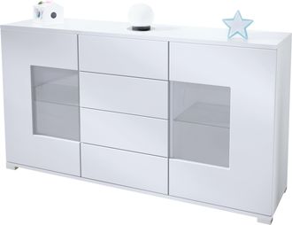 Vladon Sideboard Grömitz V1, Kommode mit 2 großen Türen und 4 Schubladen, Weiß matt/Weiß matt (138,5 x 75,5 x 35)