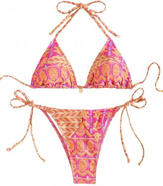 Ocean Plus Damen V-Ausschnitt Gebl&uuml;mt Triangel Bikini-Set mit B&uuml;gel Spaghetti Bademode Bandeau Slips mit Tunnelzug (XS (EU 30-32), Rosenrotes Muster)