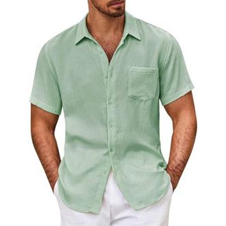 Generic Chemise en lin et coton pour homme - Manches courtes - Coupe droite - Chemise en coton &agrave; manches courtes - L&eacute;g&egrave;re - Pour l&eacute;t&eacute; - Chemise de plage basiq