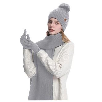 Generic Ensemble écharpe et gants dhiver - Bonnet chaud en tricot doux - Style hiver - Bonnet tricoté - Gants tactiles, gris, taille unique