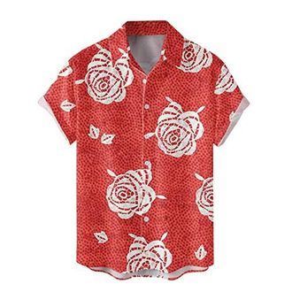 Generic Chemises boutonn&eacute;es pour homme printemps et &eacute;t&eacute; pour la Saint-Valentin 2026 - Revers d&eacute;contract&eacute; - Imprim&eacute; complet - Plage &agrave; manches courtes - Ext&eacute;rie