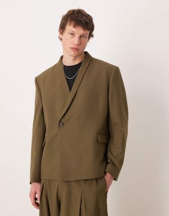 Asos Veste de costume crois&eacute;e coupe carr&eacute;e &agrave; col ch&acirc;le en serg&eacute; - Vert olive