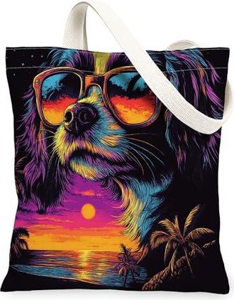 Generic Sac fourre-tout d&eacute;t&eacute; en toile motif chien japonais pour faire du shopping, 33 x 38,1 cm, sac d&eacute;picerie r&eacute;utilisable pour femme, sac d&eacute;picerie r&eacute;tro po