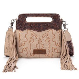 Montana West Wrangler Sac &agrave; bandouli&egrave;re avec poign&eacute;e sup&eacute;rieure pour femme avec franges brod&eacute;es, M Tan