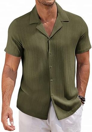 Coofandy Chemise dété à manches courtes pour homme - Col cubain - Chemise hawaïenne - Chemise de loisirs - Texturée - Short en taille, Vert kaki, M
