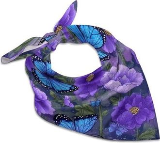 Generic Écharpe carrée en soie légère avec papillon bleu et fleurs violettes pour cheveux, foulard respirant, cadeau pour homme et femme, multicolore, 46x46cm