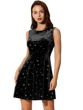 Allegra K Damen Gl&auml;nzend Sterne Print &Auml;rmelloses Swing Mini Samt Kleid, schwarz, Mittel