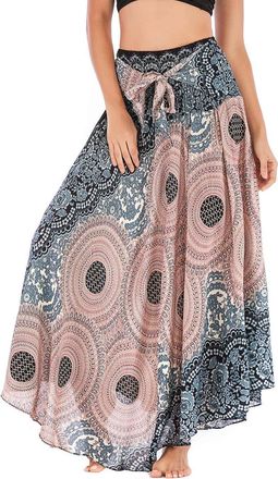 Feoya Freizeit Urlaub Sommerrock Strandkleider Lang Gedruckter Rock Damen Chiffon Bohemien Maxirock Verstellbares Riemen Kleid - Muster 4