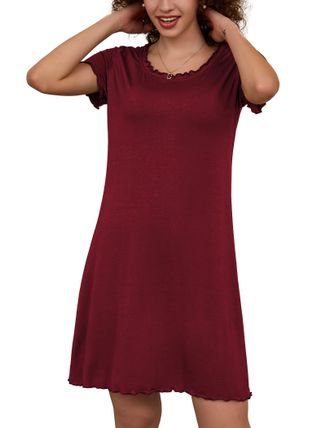 Ekouaer Nachtw&auml;sche Damen Kurzarm Nachthemd Kurz Schlafshirt Sommer Sleepshirt Negligee Sleepwear Schlafhemd Knielang, A-Rotwein, M