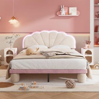 Merax Lit capitonné 140 × 200 cm avec LED Multicolores, tête de lit réglable, lit Velours Beige + Rose pour Enfants et Ados, sommier à Lattes Bois (sans Mat