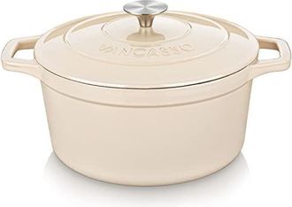 VANCASSO Cocotte Ronde en Fonte &Eacute;maill&eacute;e 5L, 26cm, x13cm, 5.95kg, Marmite avec Couvercle Pour Tous Feux dont Induction Beige