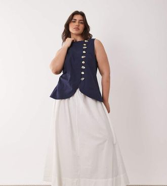 Asos Curve ASOS DESIGN Curve - Westen-Maxikleid in Marineblau und Wei&szlig; mit Leinenoptik und Popeline-Rock