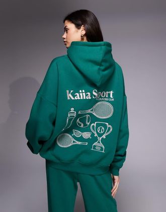 KAIIA Sport - Sweat &agrave; capuche oversize densemble &agrave; imprim&eacute; ic&ocirc;nes de tennis - Vert fonc&eacute; et rose-Multicolore