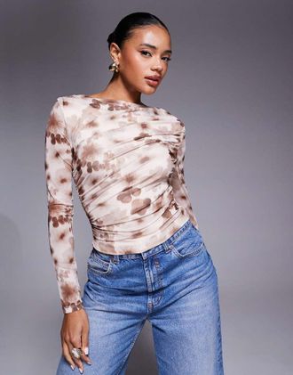 Princess Polly Isolda - Top manches longues en tulle &agrave; fleurs avec encolure bateau et manches longues - Marron et cr&egrave;me-Brown