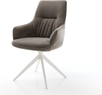 DELIFE Drehstuhl Zelia-Flex mit Armlehnen Strukturstoff Soft Taupe Kreuzgestell breit Wei&szlig; 360&deg; drehbar Wippfunktion Taschenfederkern, Esszimmerst&uuml;hle