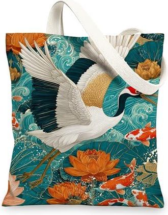 Generic Sacs fourre-tout élégants en toile motif grue, oiseaux et nénuphars réutilisables, légers et lavables Eco-Frien, bleu sarcelle, 13x15 Inch