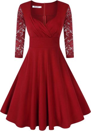 KOJOOIN Damen 50er Vintage Kleid Retro/Cocktailkleid/Abendkleid/Ballkleid Rockabilly V-Ausschnitt Kleid Knielang Langarm Bordeaux Weinrot XXL