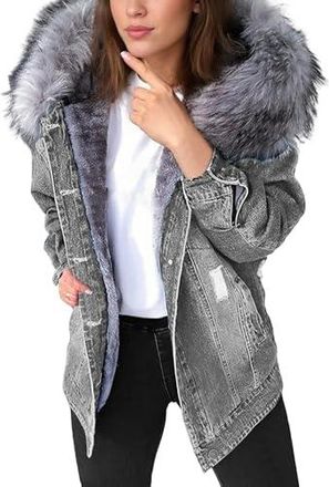 Generic Veste en jean ample et chaude pour femme, doubl&eacute;e de sherpa et de fausse fourrure, &agrave; capuche, grise, taille 3XL