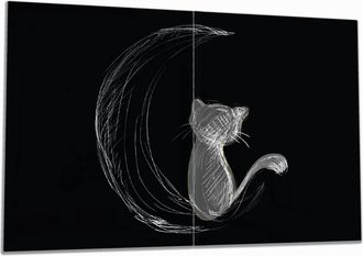 Wallario Herdabdeckplatte/Spritzschutz aus Glas, 2-teilig, 80x52cm mit 8 mm hohen Füßen, für Ceran- und Induktionsherde, Katze sitzt auf dem Mond - illustriert