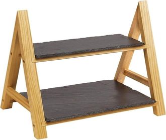 Westmark 2-stufige Naturschiefer-Etagère/Servier-Regal, Maße: 35,5 x 22 x 27 cm, Schiefer/Kiefer, Tapas + Friends, Anthrazit/Hellbraun, 69692260