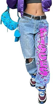 ORANDESIGNE Y2K Jean Taille Haute Ample pour Femme Coupe Large Imprimé Graphique Pantalon Cargo Style Gothique Punk foncé ZA Rose Rouge L