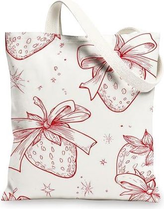 Generic Sacs fourre-tout en toile motif fraise, sacs à provisions réutilisables, vintage légers et lavables avec bandoulière, blanc, 13x15 Inch
