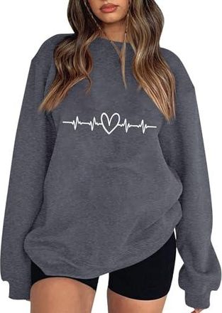 Generic Sweatshirt de Saint-Valentin pour femme &agrave; manches longues personnalis&eacute; haut avec imprim&eacute; coeur &eacute;l&eacute;gant romantique t-shirt long d&eacute;contract&eacute; couleur uni