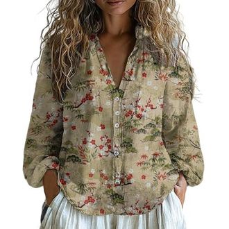 Generico Chemise Femme d&Eacute;t&eacute; D&eacute;contract&eacute;e Manches Longues Chemisier en Lin Coton Curvy Grande Taille Chemises Col en V Classique Blouse Vintage Fantaisie avec B