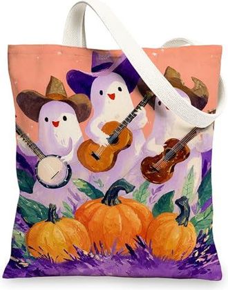 Generic Sacs en toile avec motif fantôme, sacs réutilisables avec joli motif de citrouille, sacs amusants légers et lavables avec bandoulière pour les voyages